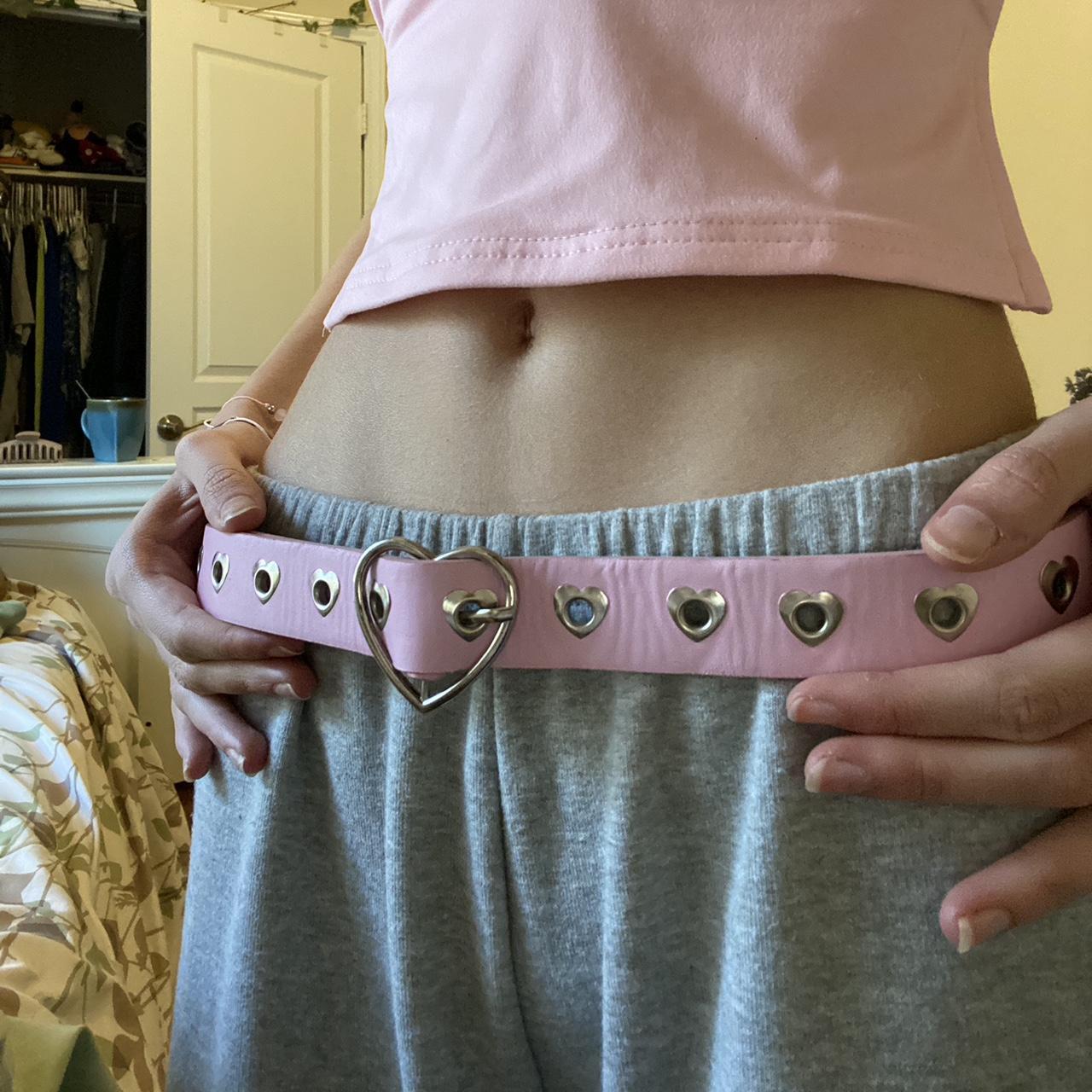 VINTAGE pink heart belt, with a heart shaped buckle... - Depop