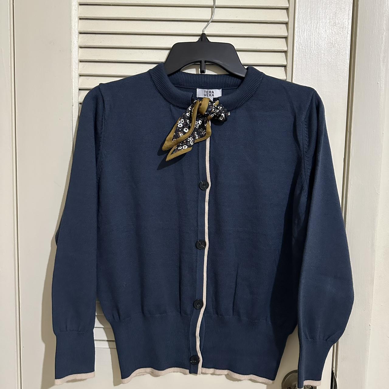 Tera Vera Navy blue cardigan with cream trim and... | Depop