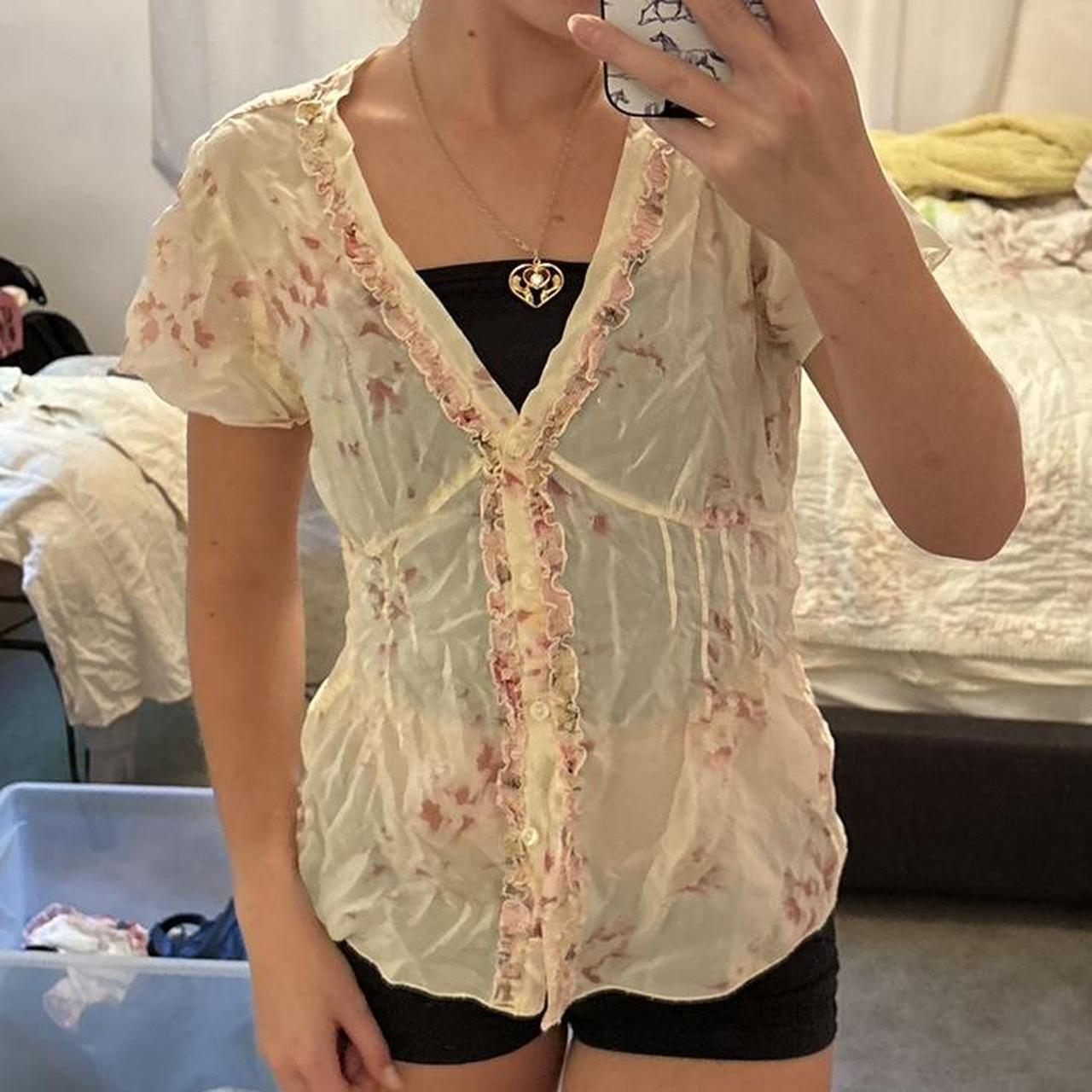 flowy floral sheer button up blouse with ruffle hem - Depop