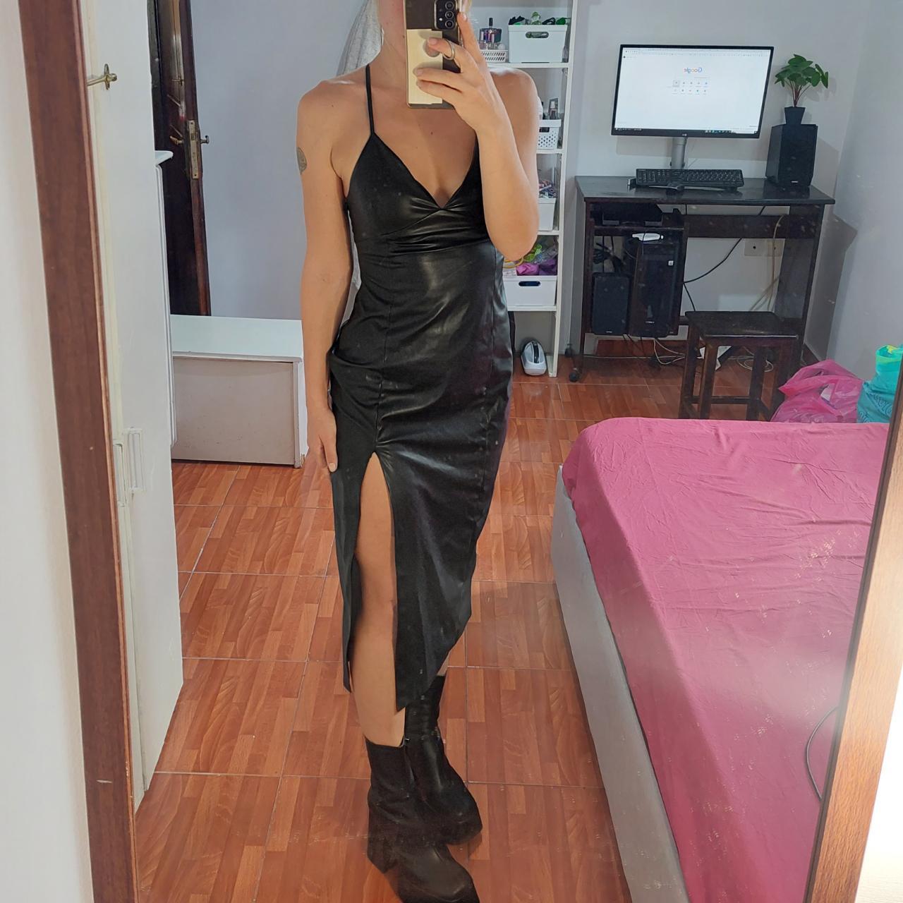 Black Dress Faux Leather Split Thigh PU Cami... - Depop