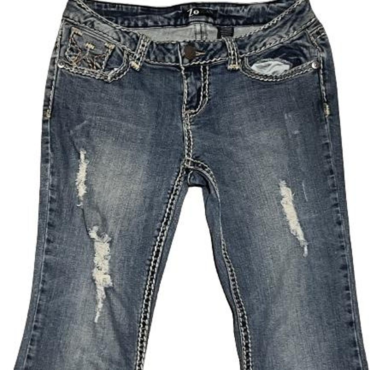 THE cutest y2k ripped flare jeans with stitching!!... - Depop