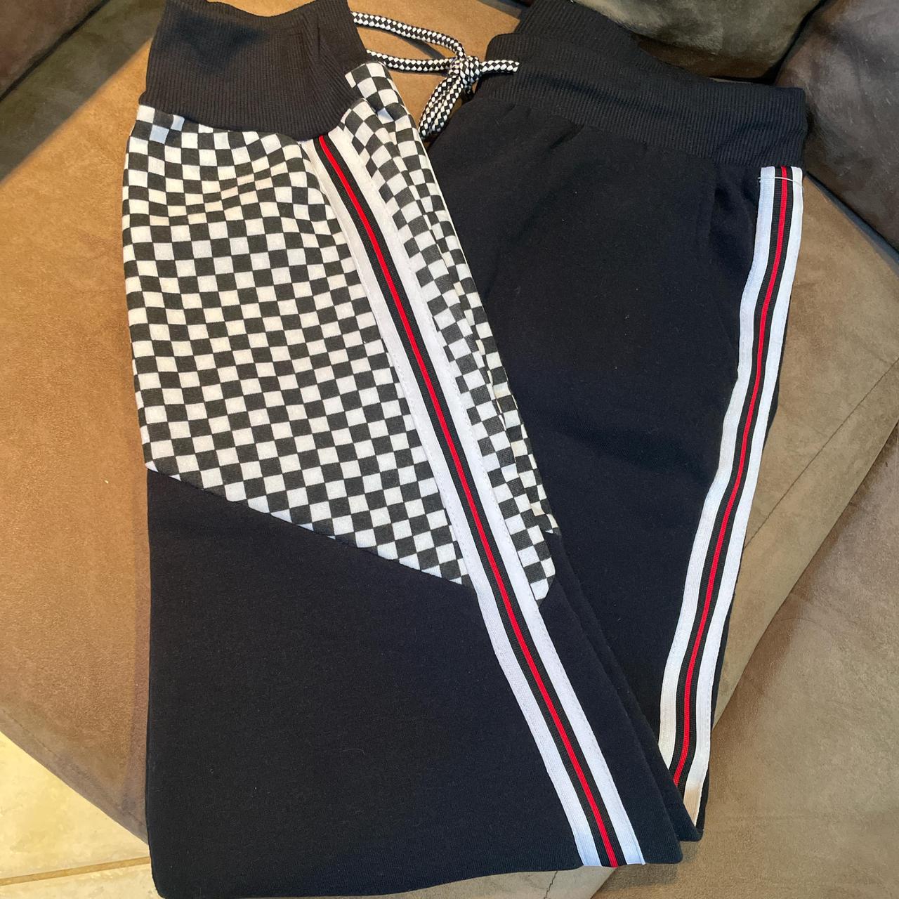 Black and white checkered joggers with red and white... | Depop