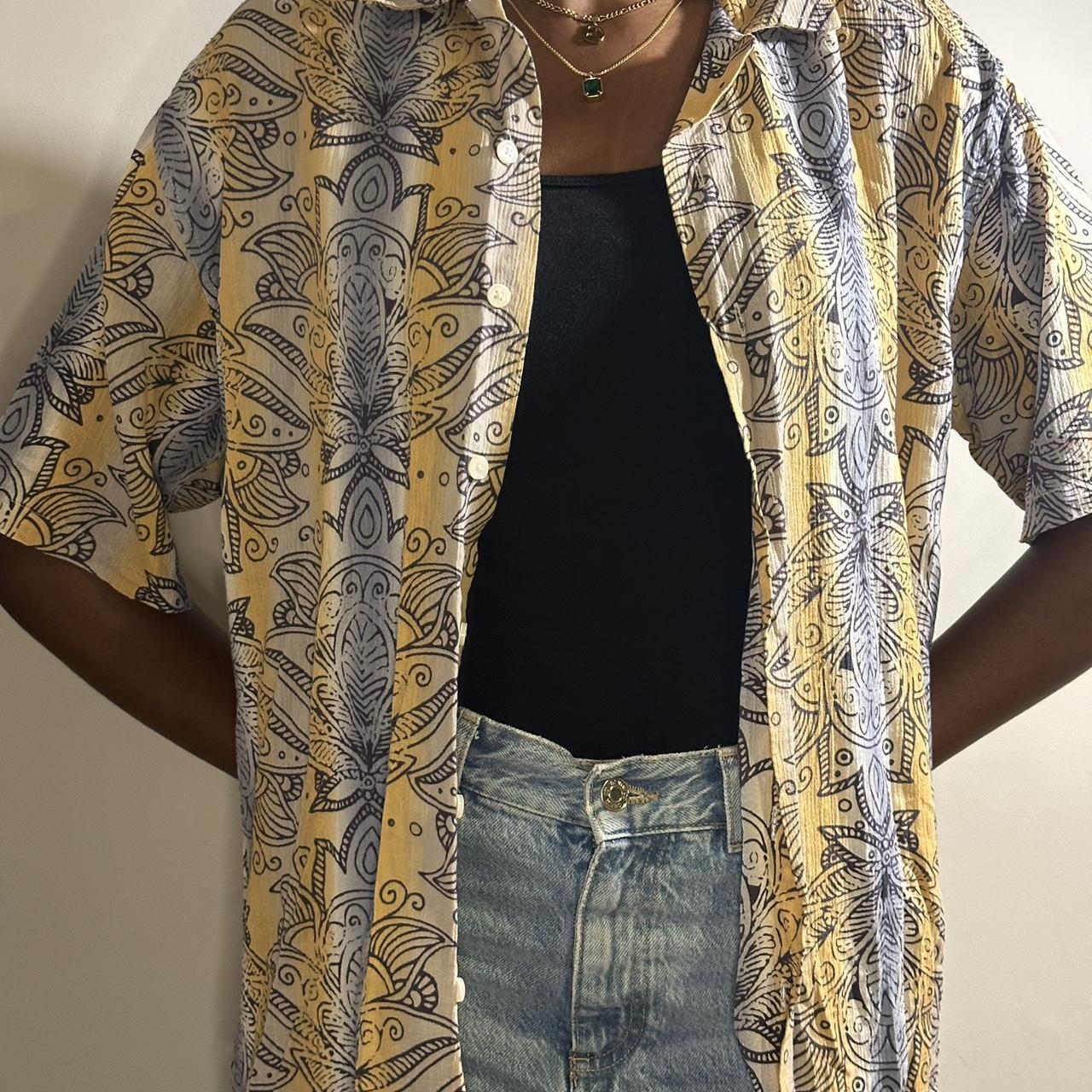 Yellow and blue patterned button up shirt - Depop