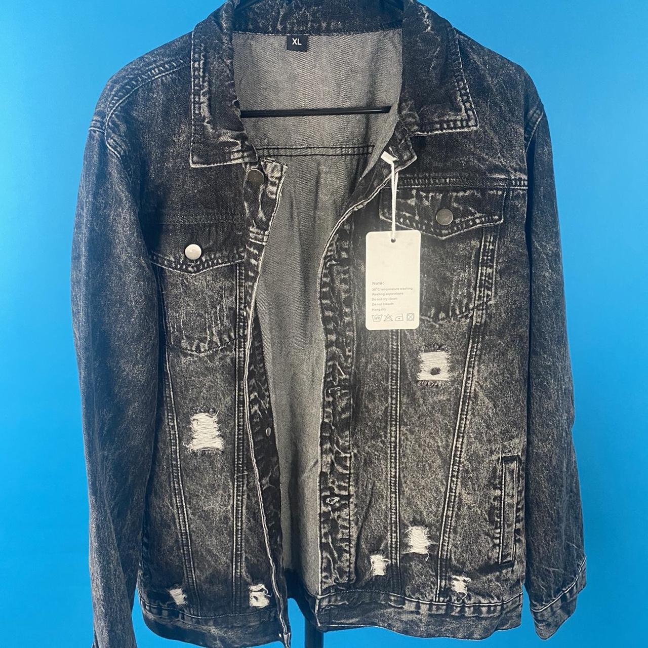 Black denim rugged ripped jacket button up. Tag... - Depop