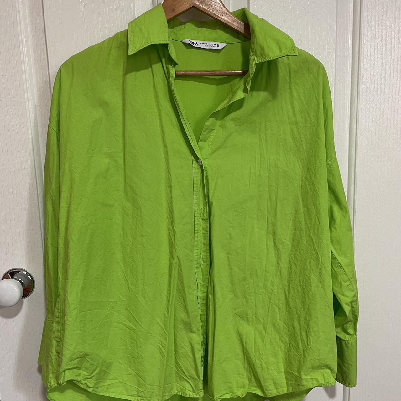 Zara bright green button up shirt Nice lightweight... - Depop