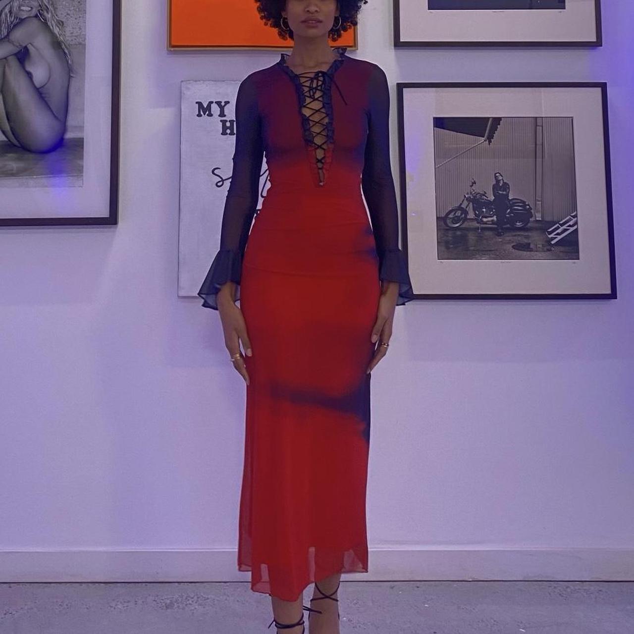 Amy Shehab vintage lace up mesh dress with ruffle... - Depop