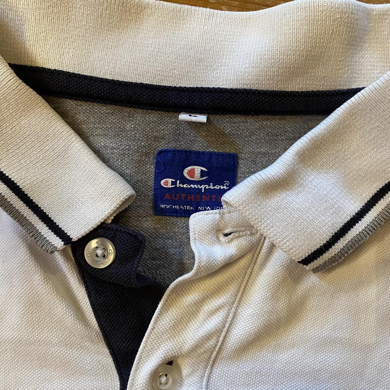 CHAMPION POLO SHIRT - White with grey and navy... - Depop