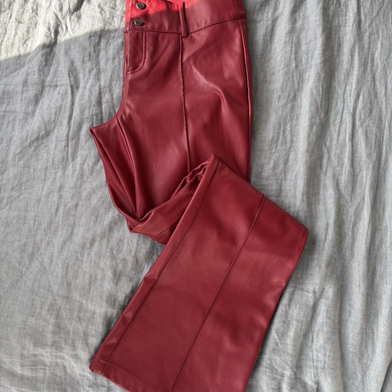 low rise, flare, red, pleather, garage pants !... | Depop