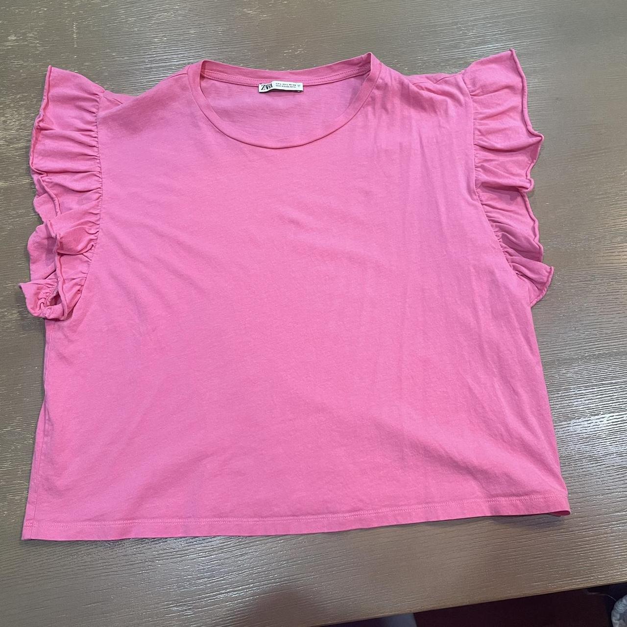 Zara Pink ruffle shirt size: large in good condition - Depop