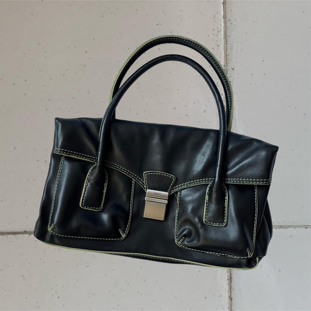 MNG black leather & green stitch bag - good... - Depop