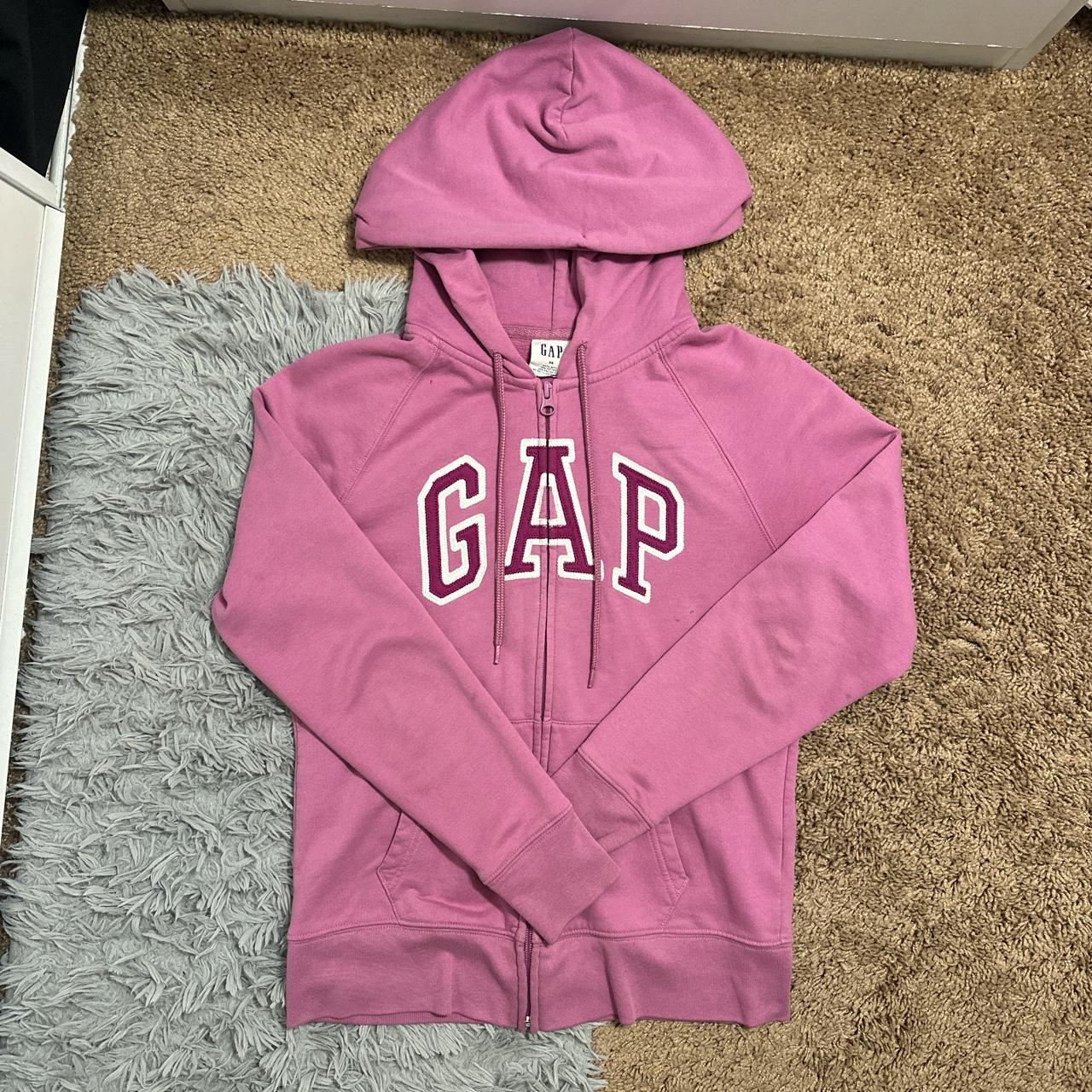 xs pink with magenta lettering gap zip-up slight,... - Depop