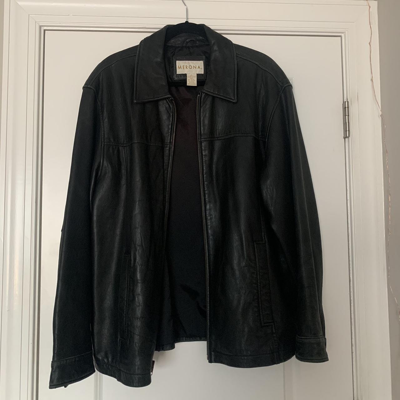 Merona black leather jacket SIZE L, doesn’t say... - Depop