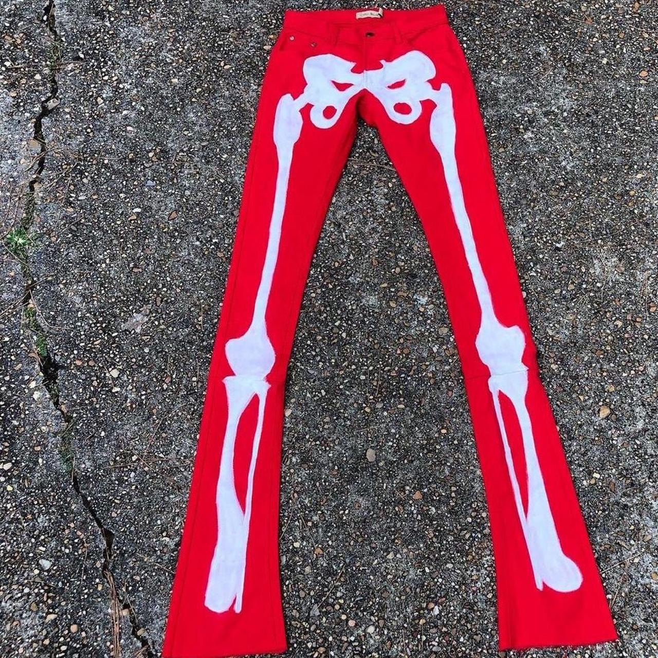 Red and white skeleton jeans #goth #punk #stacked - Depop