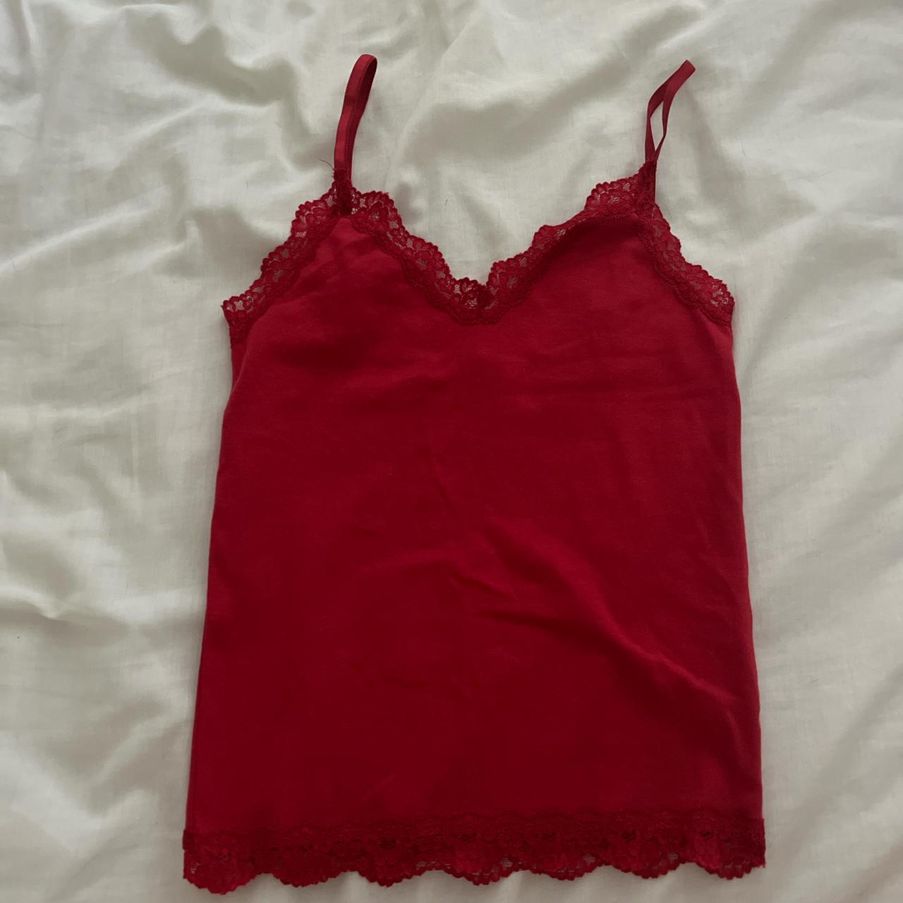 red lace trim tank top - Depop