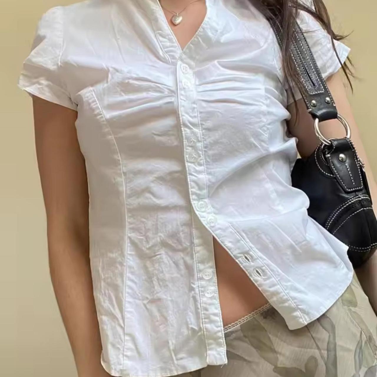 Solid Shirring Button Up Turn Down Collar Short... | Depop