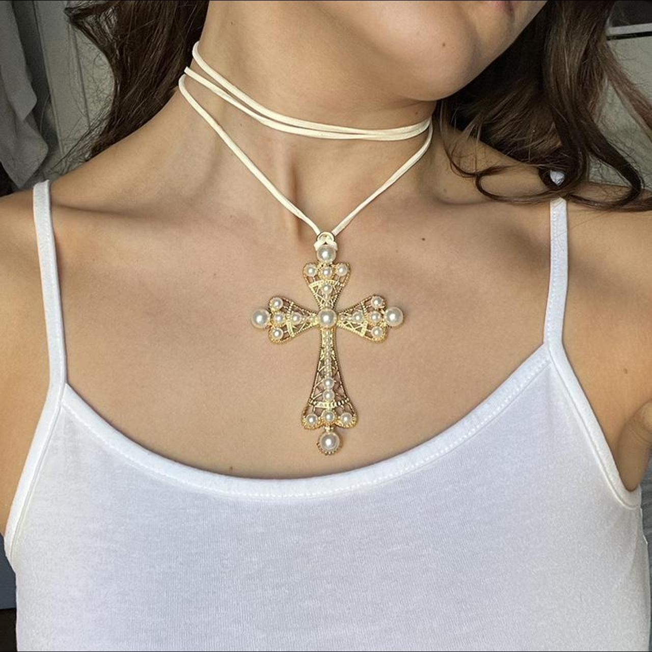 Gold rhinestone cross choker necklace Perfect... - Depop