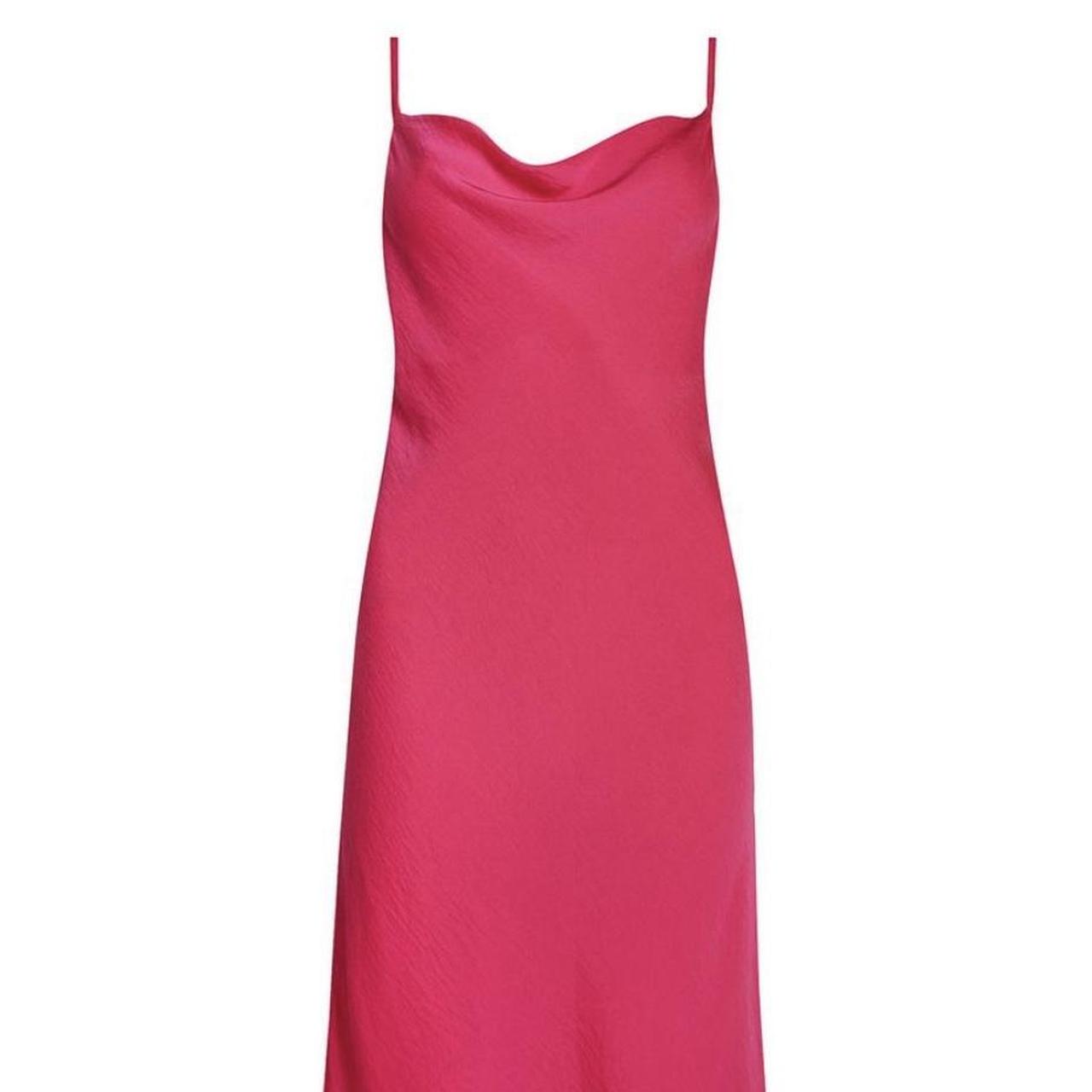 Fuchsia pink satin cowl neck slip dress -size... - Depop
