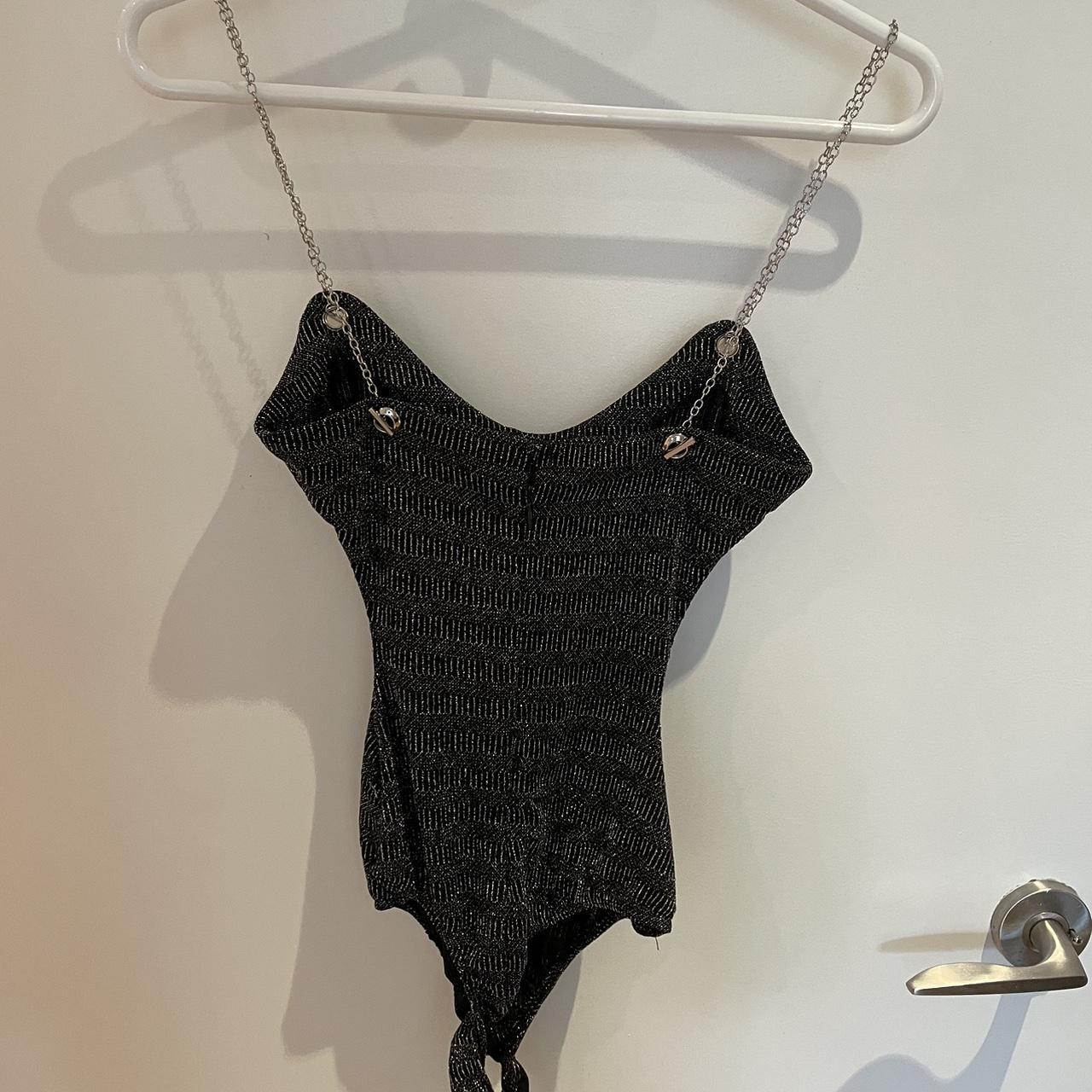 Super down Sav Chain Strap Bodysuit in Gunmetal... - Depop