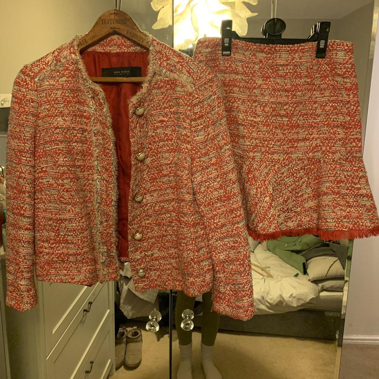 Zara red tweed set. Jacket size L skirt size XS (I’m... - Depop