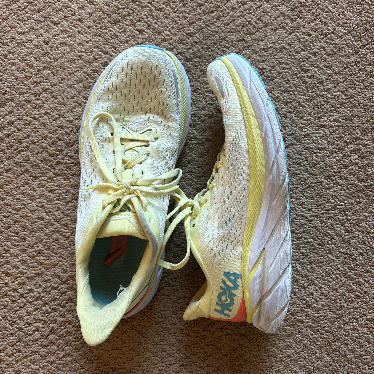womens yellow hoka clifton 8 some wear - Depop