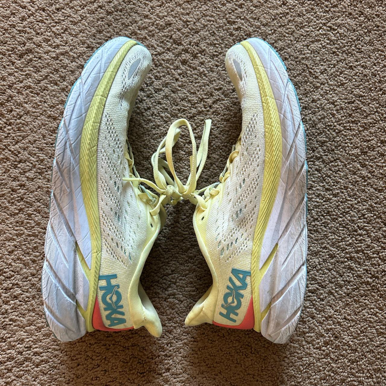 womens yellow hoka clifton 8 some wear - Depop