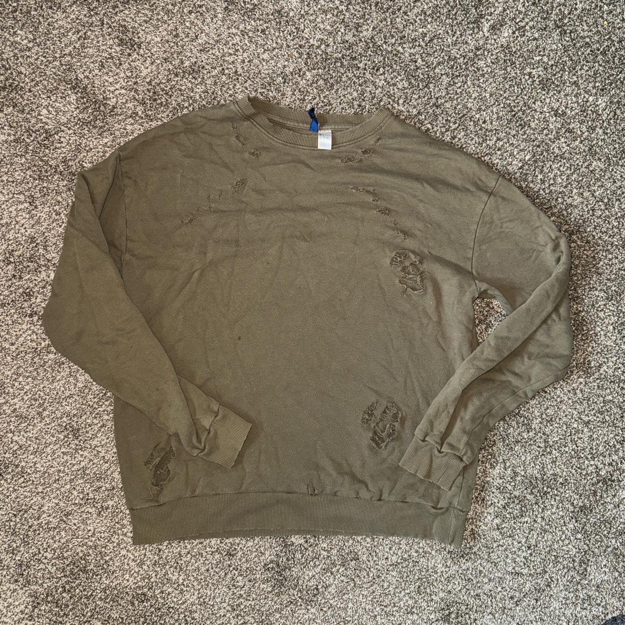 Large Green/Khaki distressed pullover sweatshirt. HM... - Depop