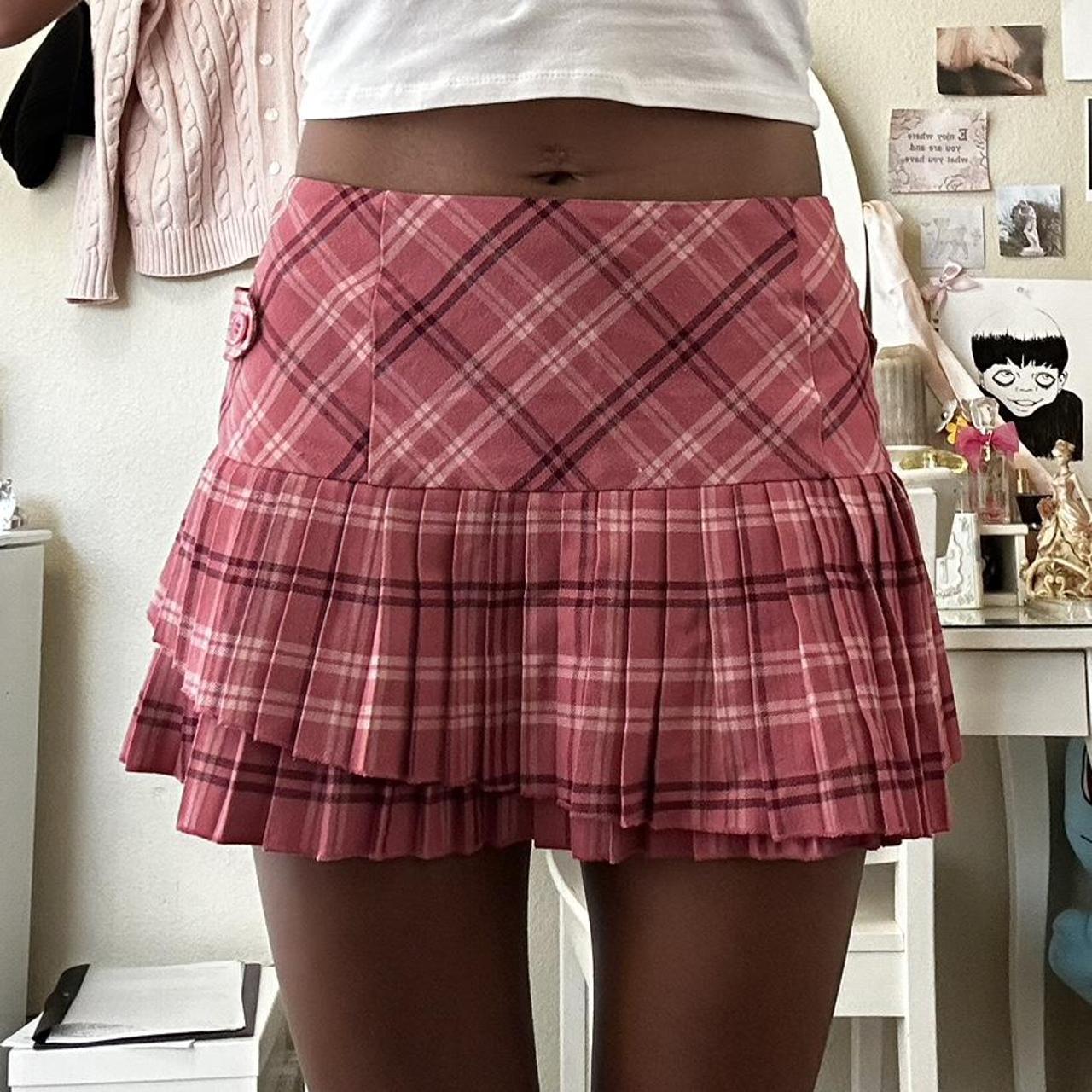 🪡pink Plaid Mini Skirt 🏷️size 9 Waist In Inches Depop