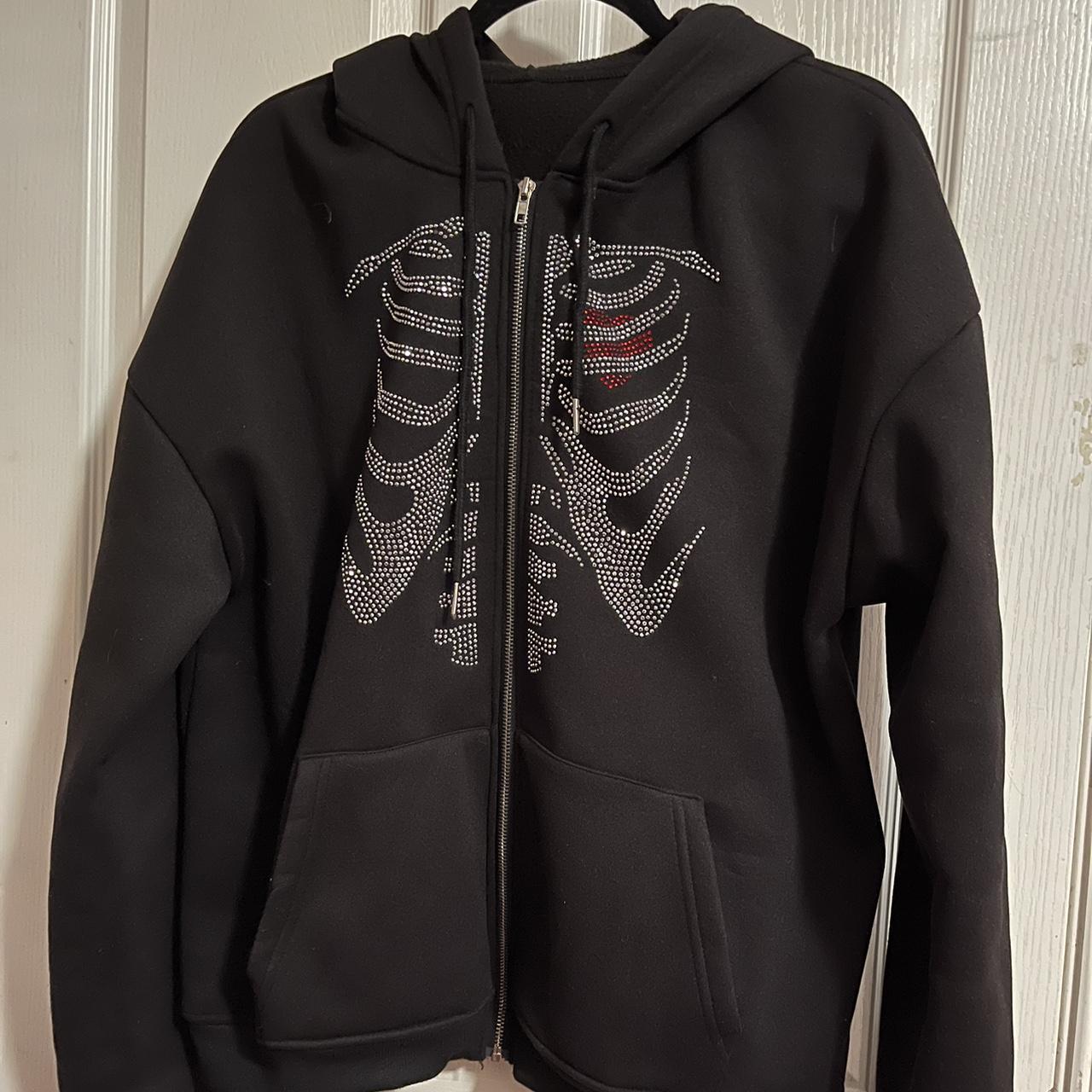 Grunge Skeleton Zip Up Hoodie Size: L, thick & cozy... - Depop
