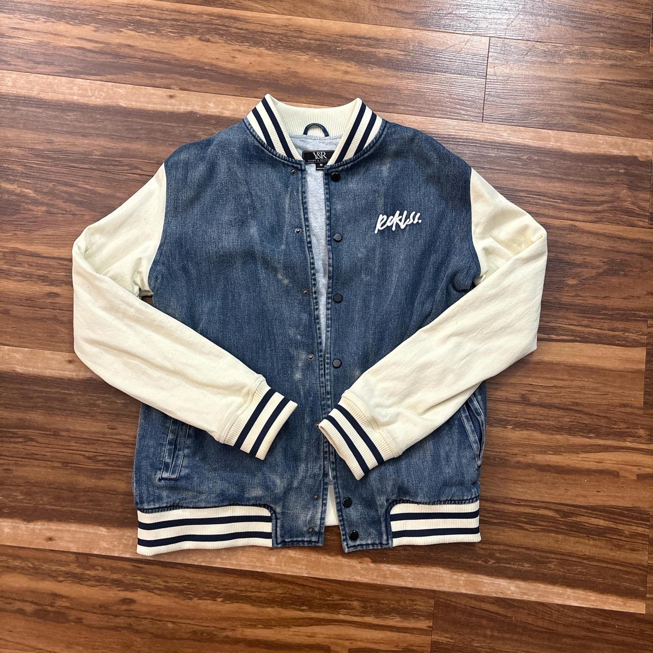 Young and Reckless varsity Jean jacket with cream... | Depop