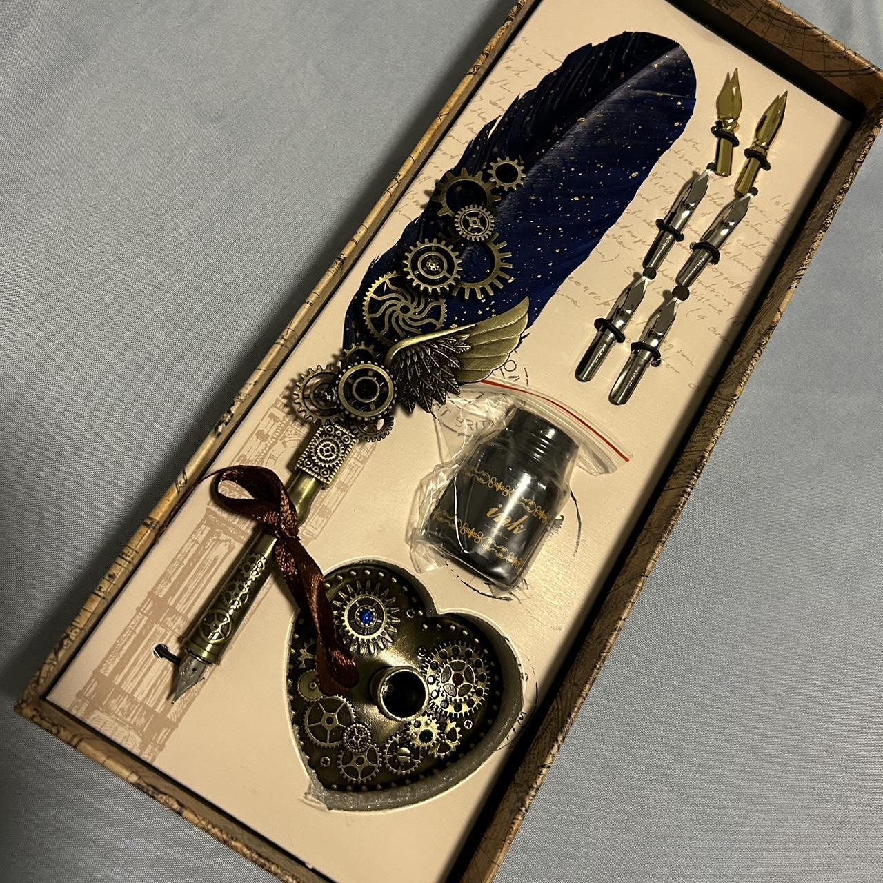 Steampunk style metal gothic pen set with feather... - Depop