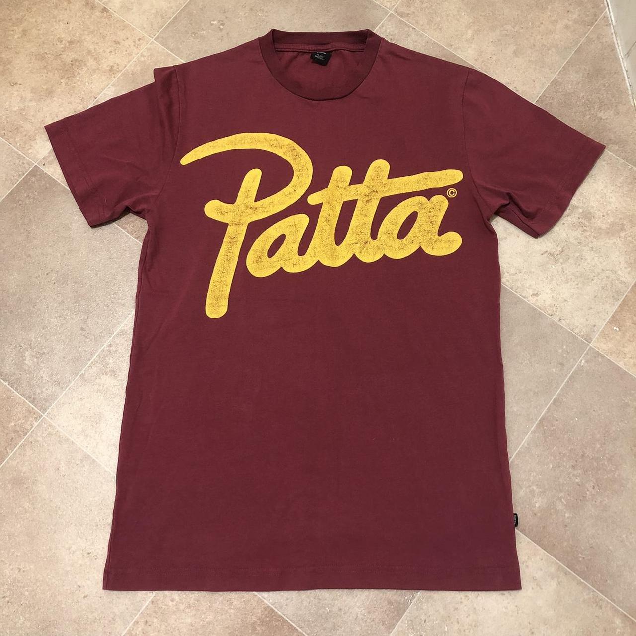 Patta OG script T-shirt - Small - Burgundy & Yellow... - Depop
