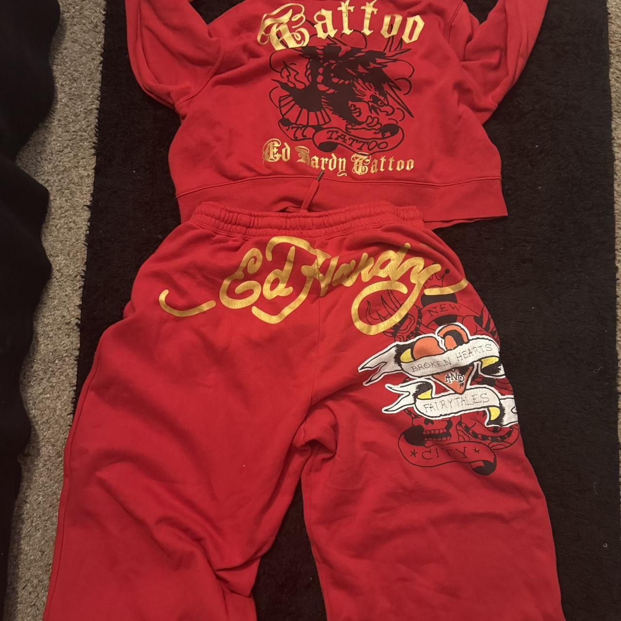 Red Ed Hardy tracksuit Worn 3 times but too big.... | Depop