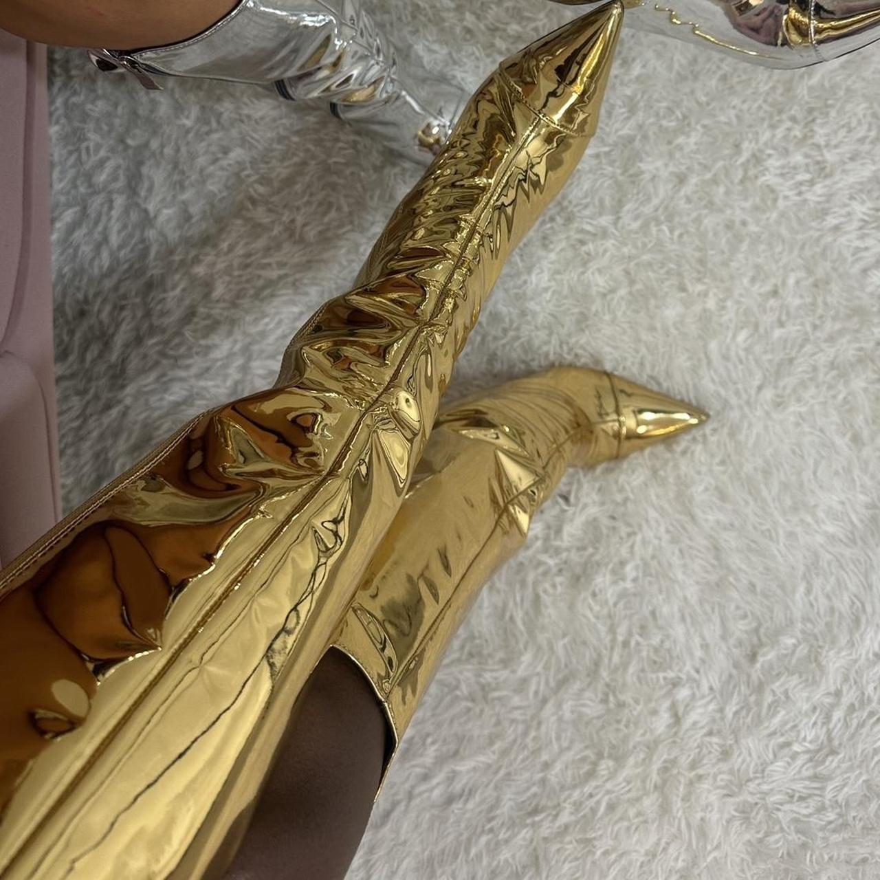 gold chrome knee high boots - Depop