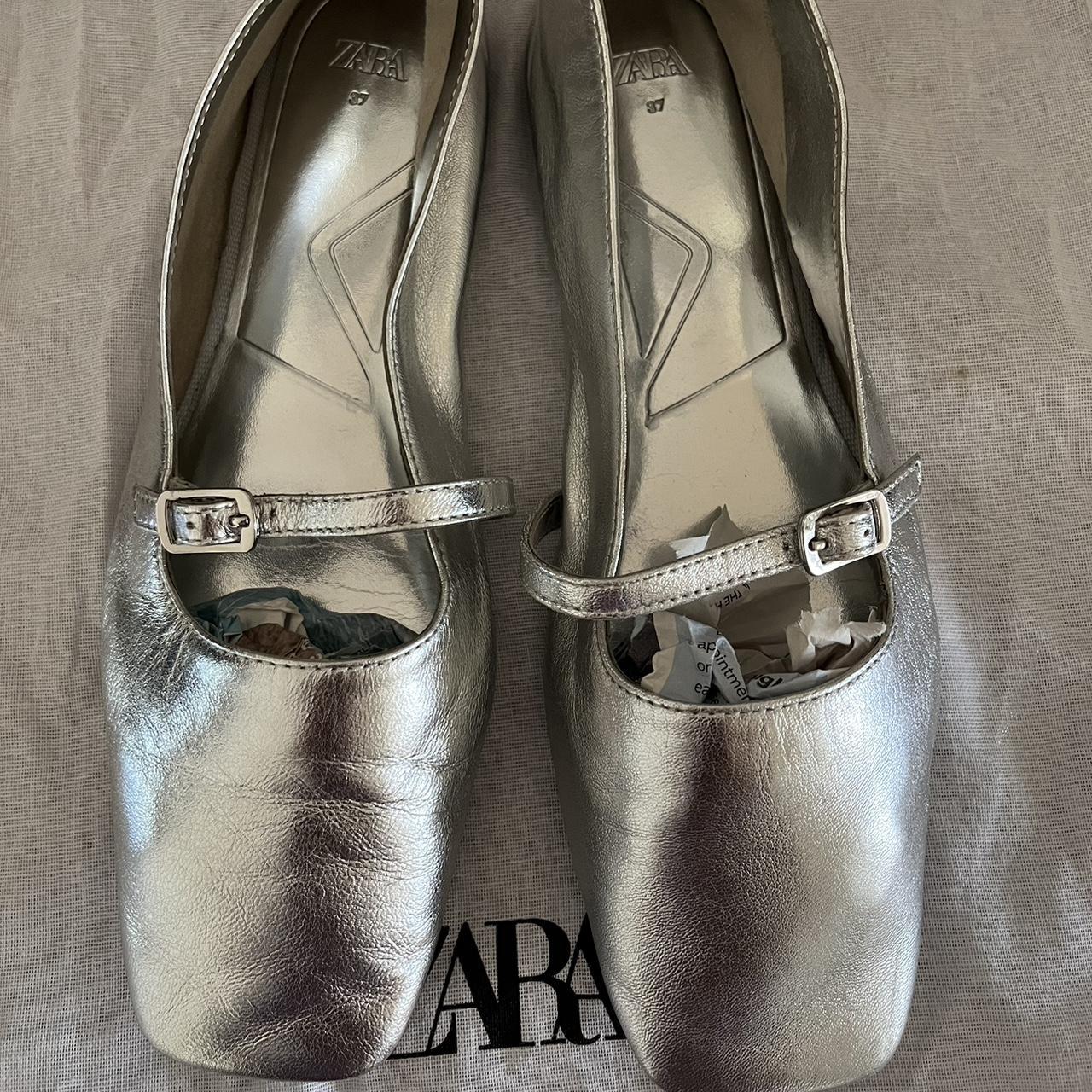 Zara silver leather ballet flats. Worn once Size... - Depop
