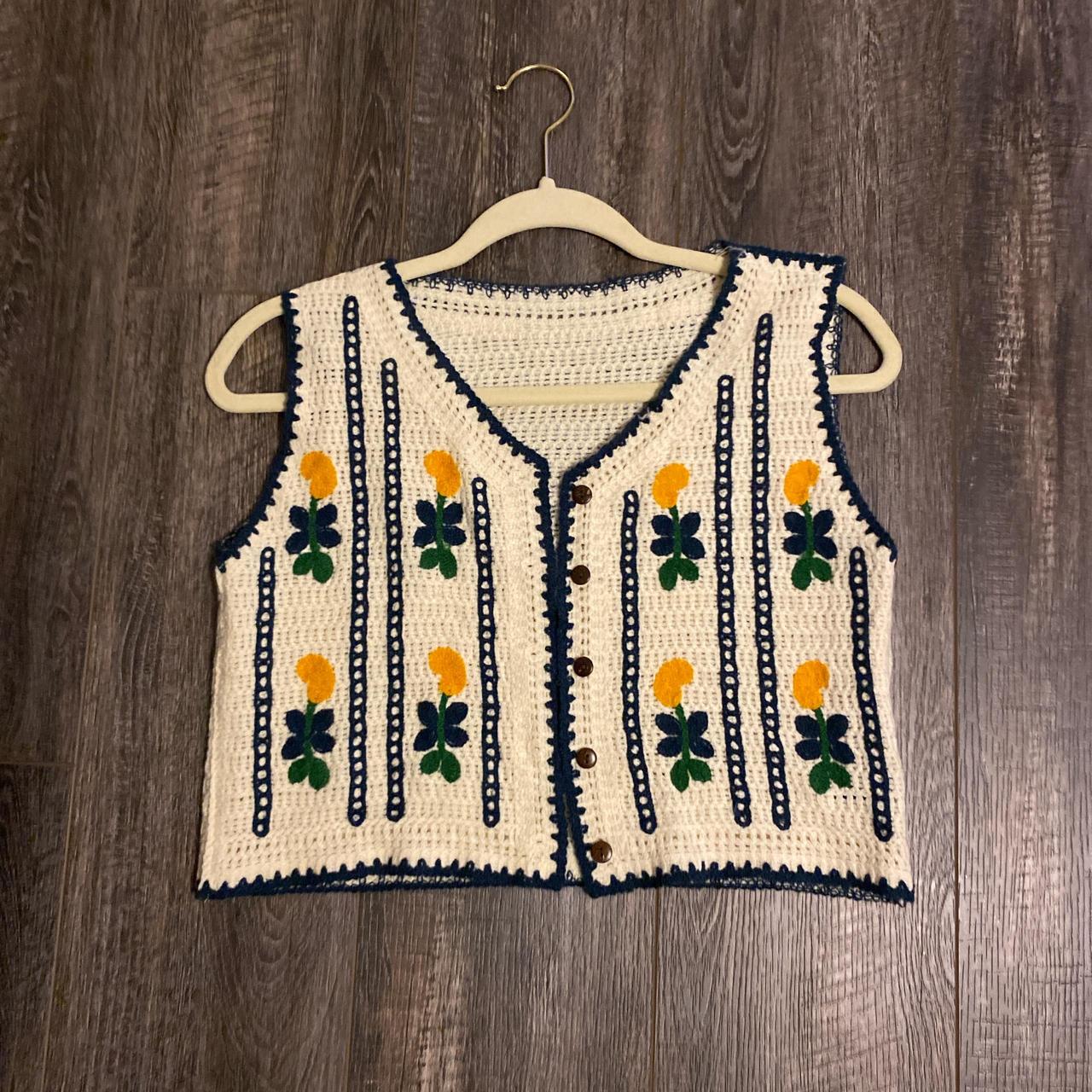 Multi-coloured vest with embroidery, sleeveless... - Depop