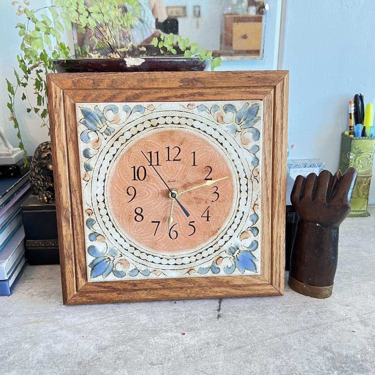 Vintage 1970's Square Wood Frame & Tile Wall Clock,... | Depop