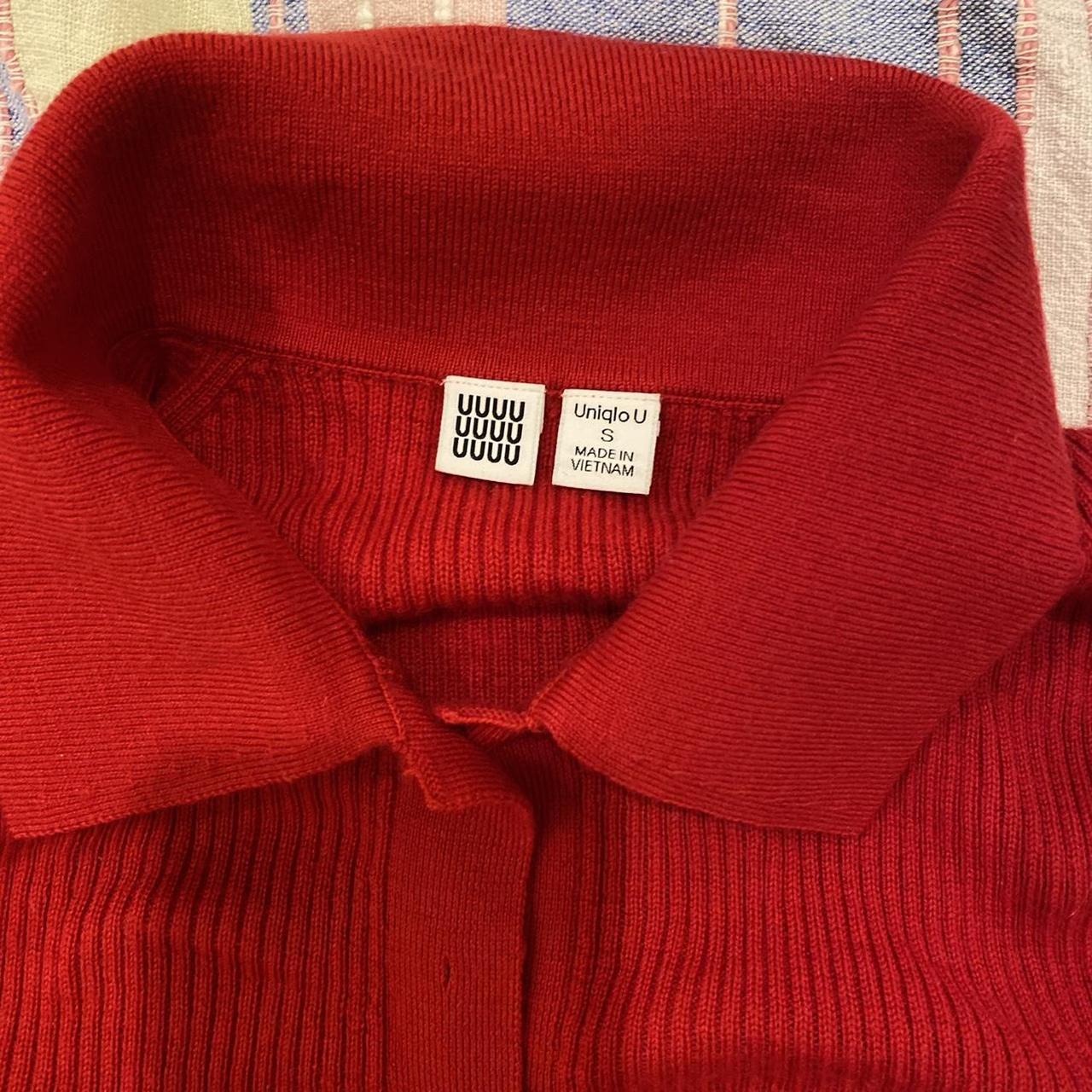 Red Uniqlo ribbed collared cardigan. A few holes but... - Depop