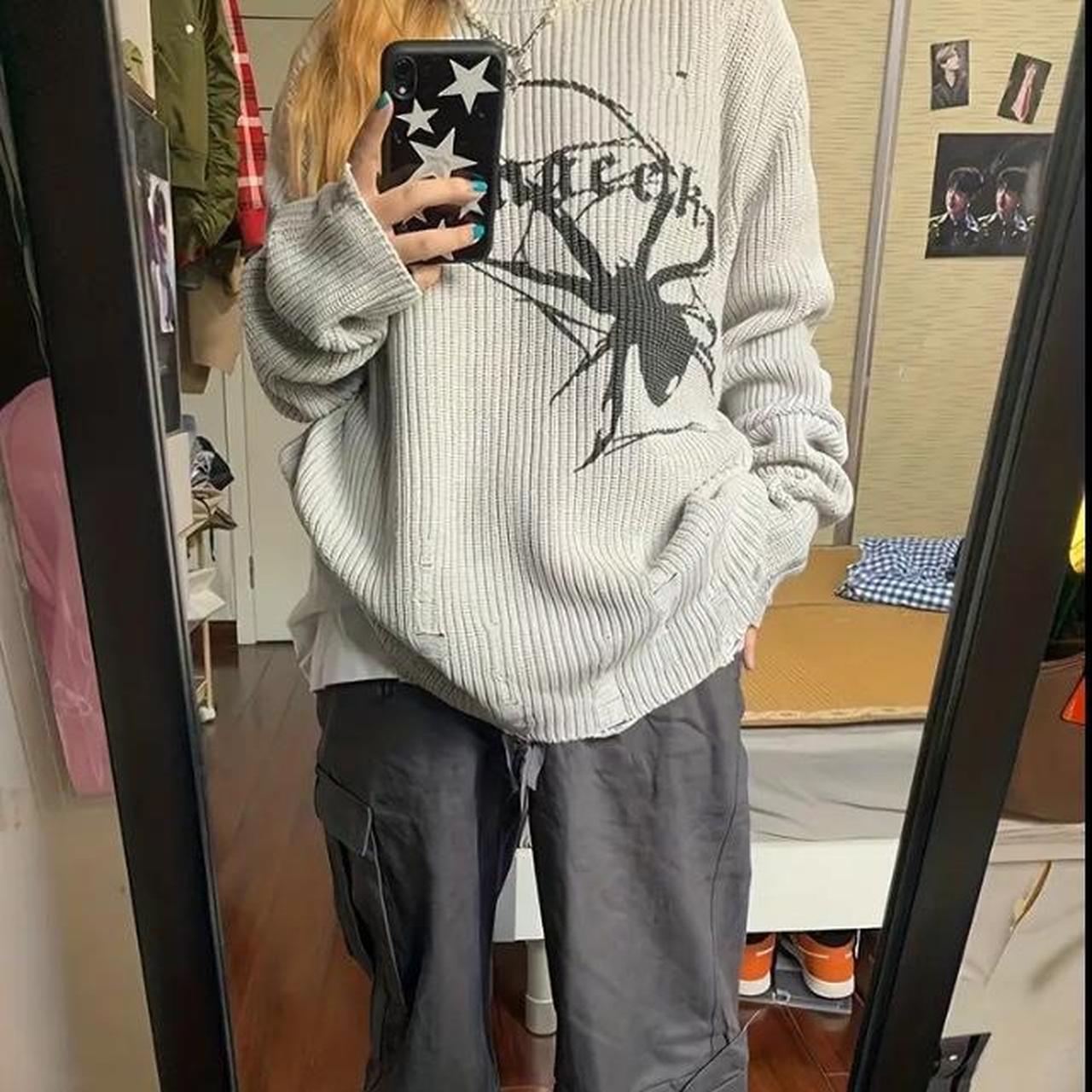 Y2K oversized knit sweater with ripped accents #y2k... - Depop