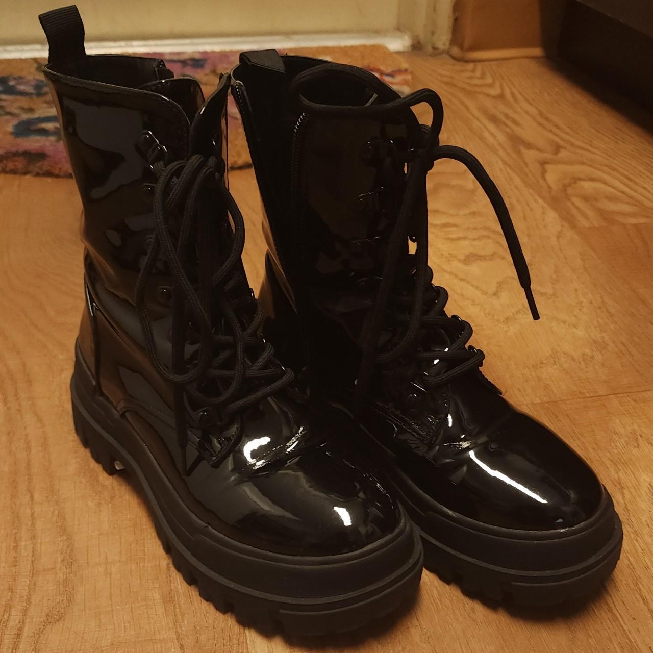 Black Metallic Combat Boots 8 1/2. Worn a few times,... - Depop