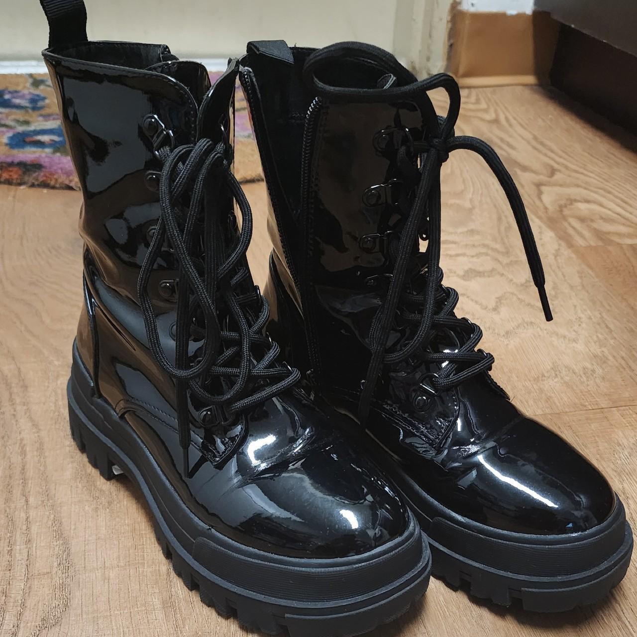 Black Metallic Combat Boots 8 1/2. Worn a few times,... - Depop