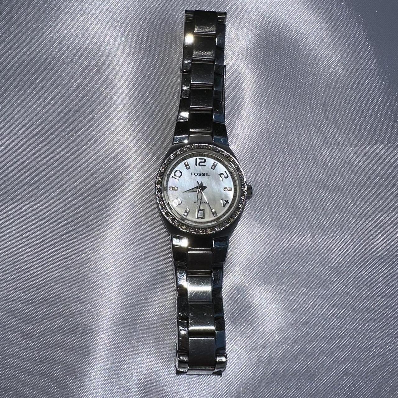 Fossil Silver Diamond Watch with White Dial. Size -... - Depop