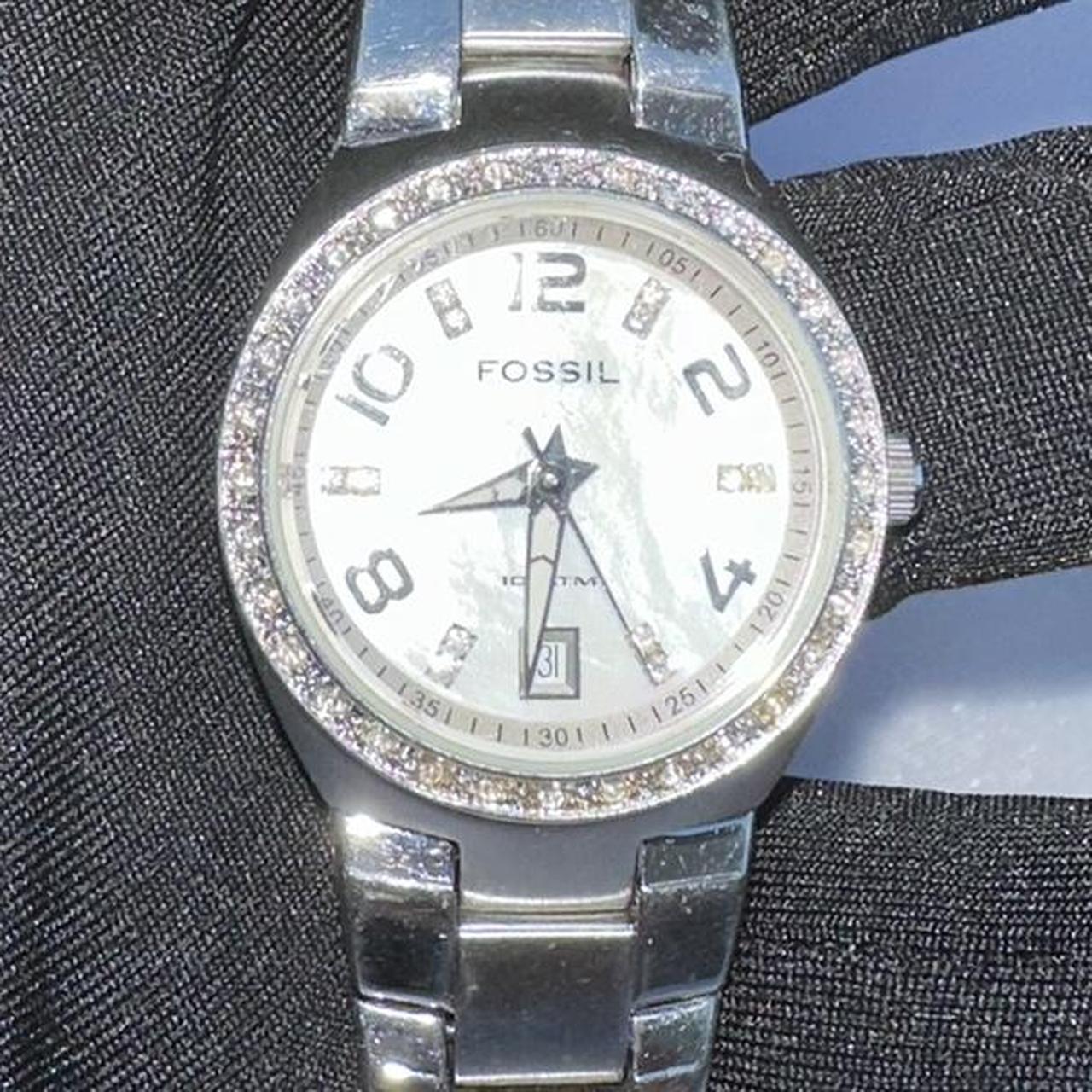 Fossil Silver Diamond Watch with White Dial. Size -... - Depop