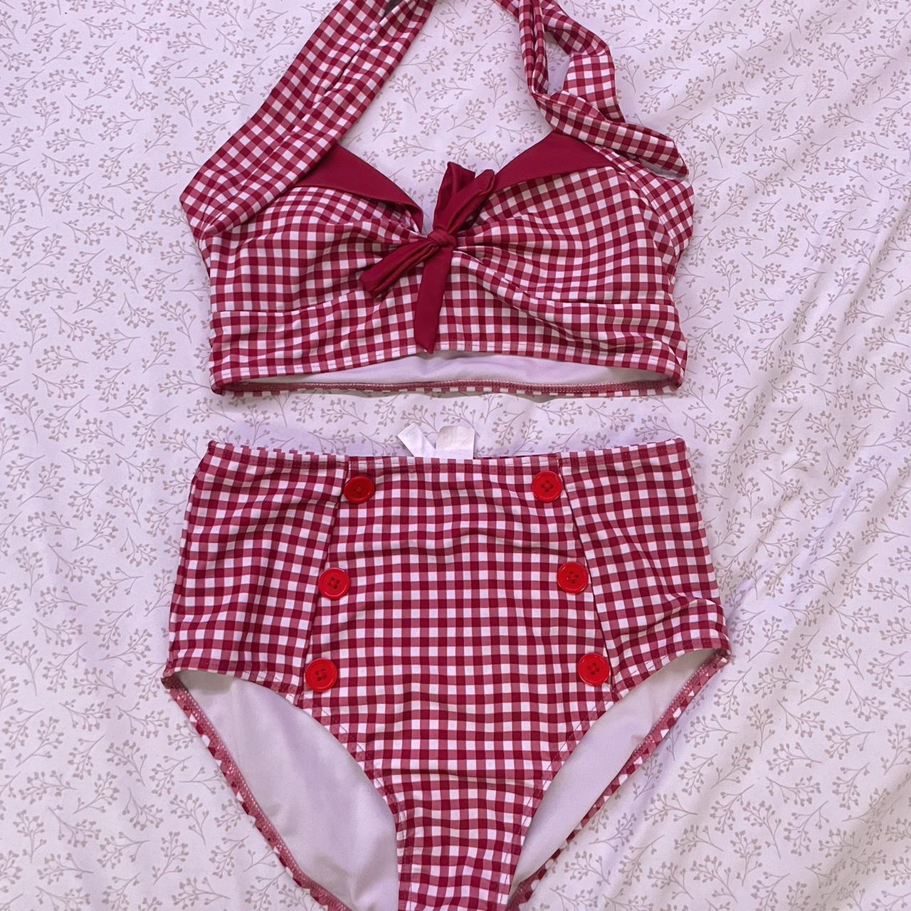 🍒adorable red checkered 2 piece swimsuit 🍒 size 6 or... - Depop