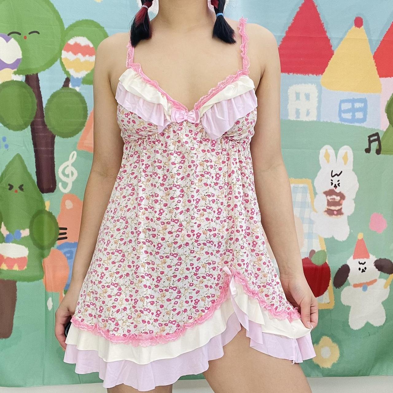 Kawaii 💗Lolita Y2k babydoll pink and floral dress. ... - Depop