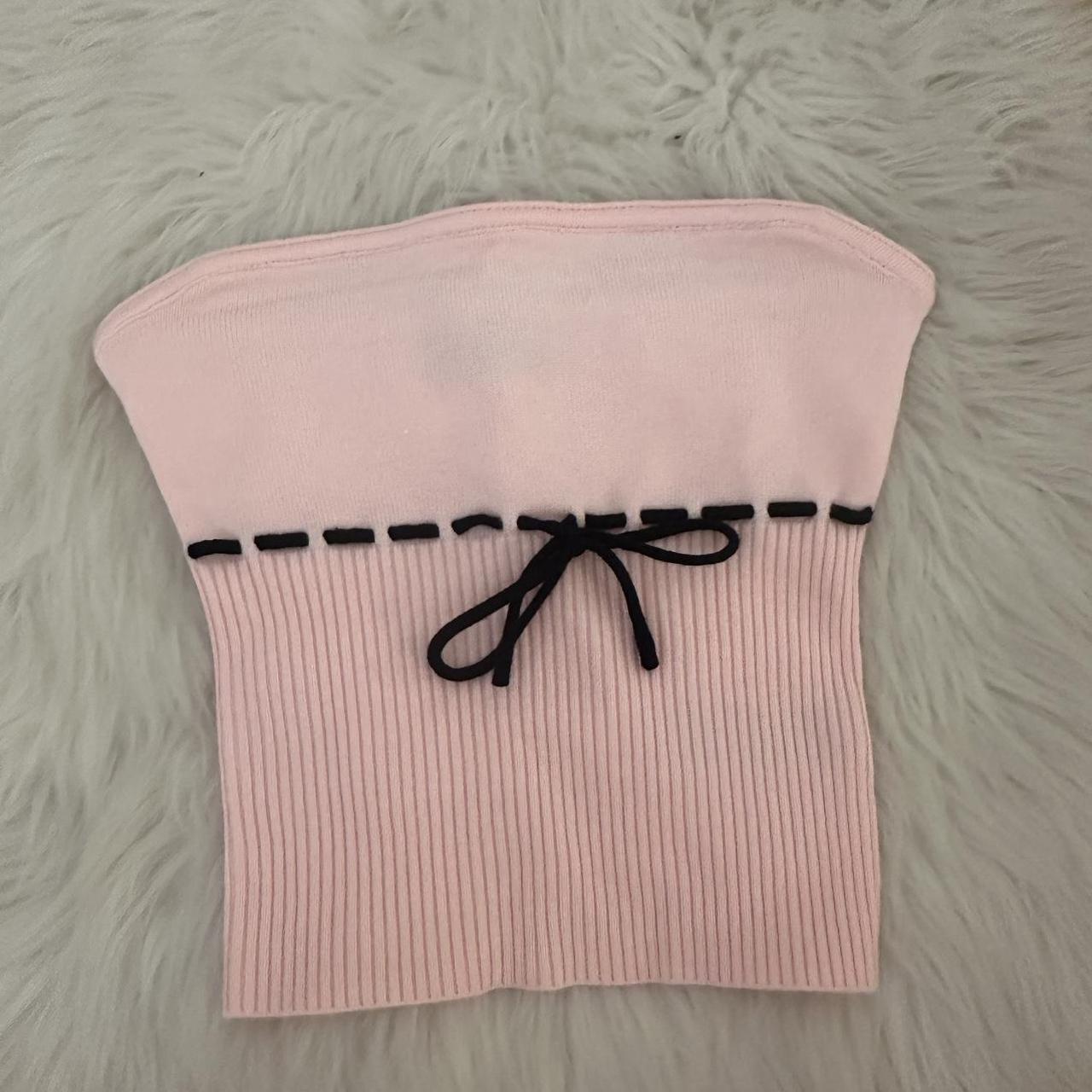 edikted Pink and black ribbed tube top with tie back... | Depop