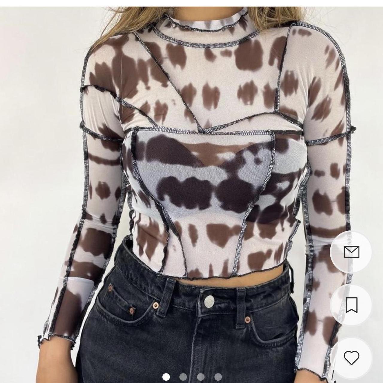 Black and white cow print mesh top with visible... - Depop