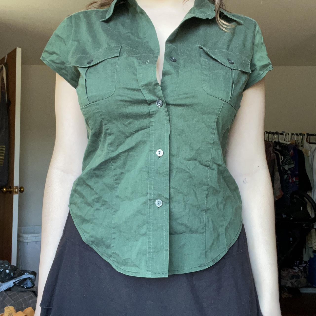 Green button up shirt. Pair it with some low rise... - Depop