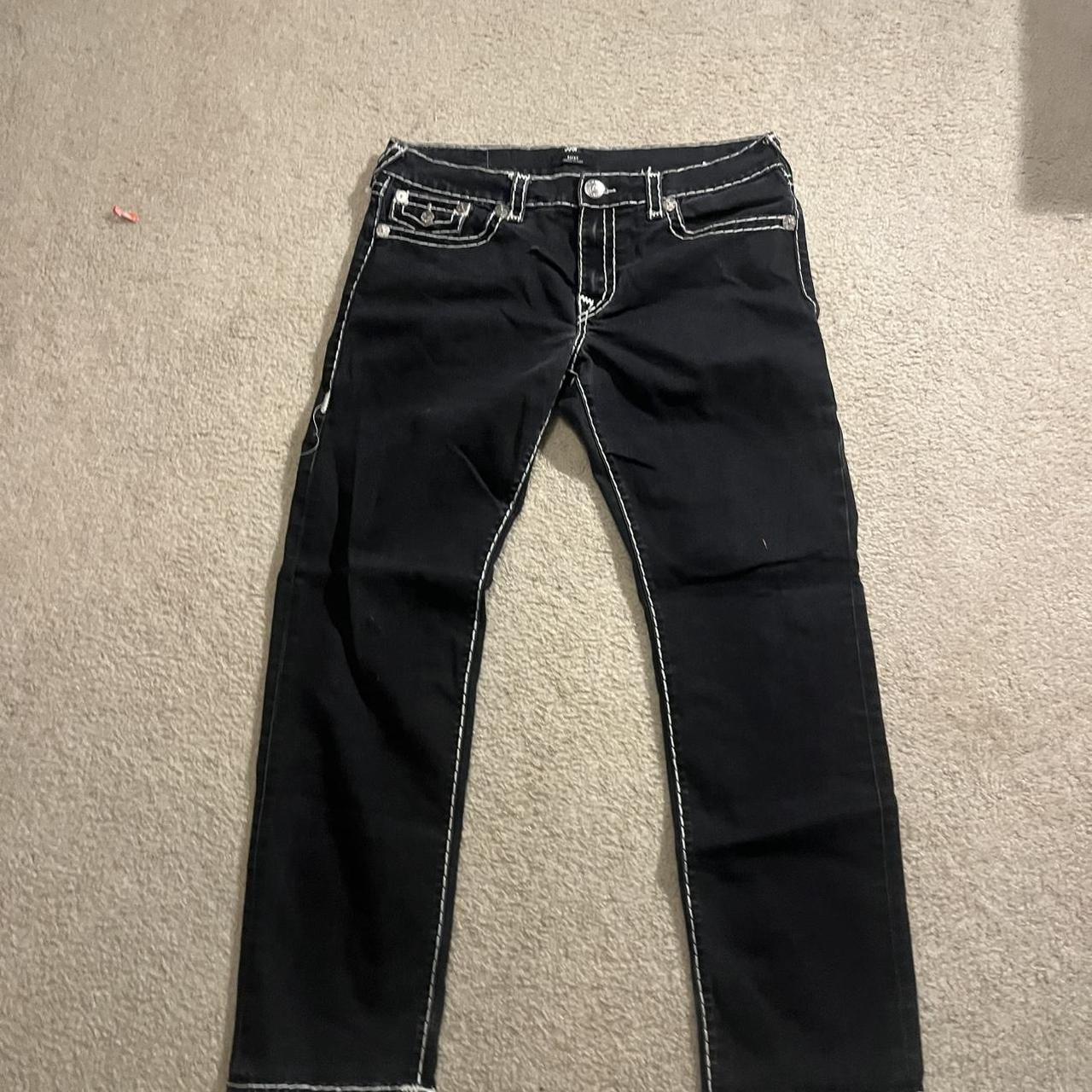 True Religion big T black jeans with white stitching... - Depop