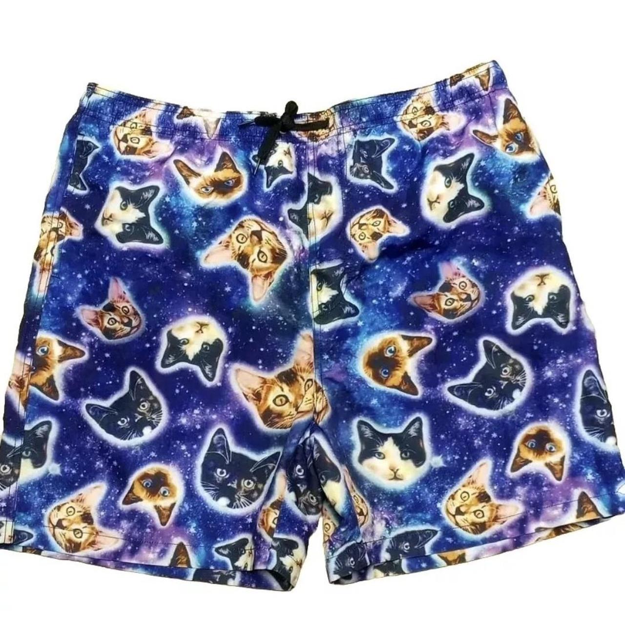 Galaxy Cat Print Swim Trunks - blue and... | Depop