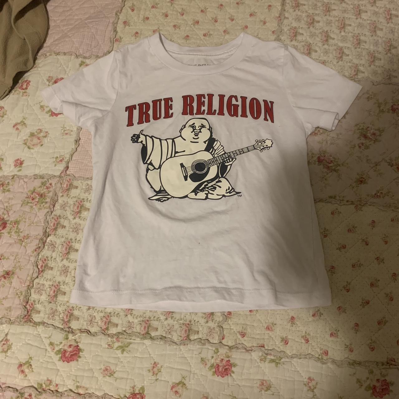 True, Religion cropped white baby tee can fit size... - Depop